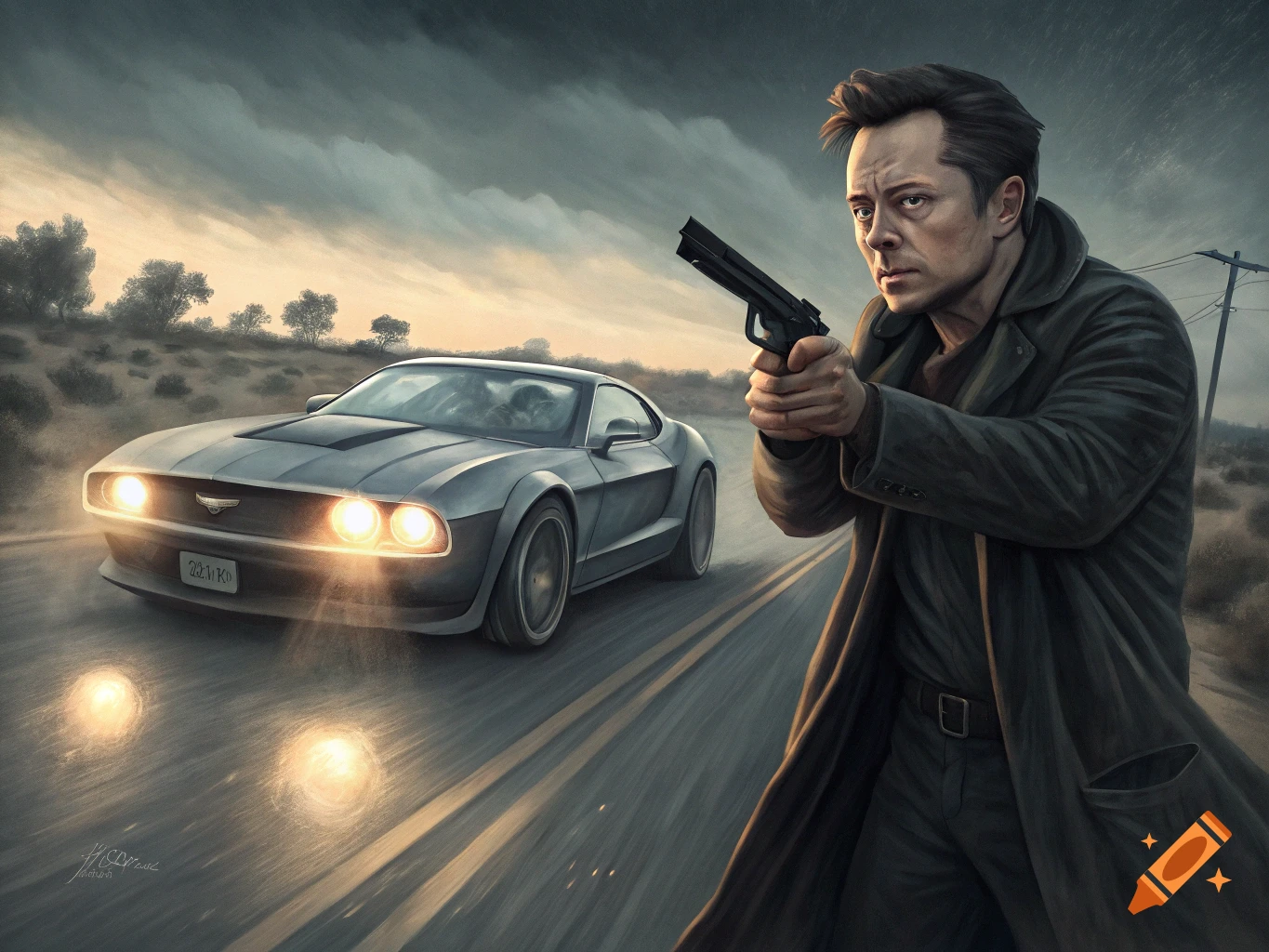 An illustrated scene of a man resembling Elon Musk holding a gun while ...