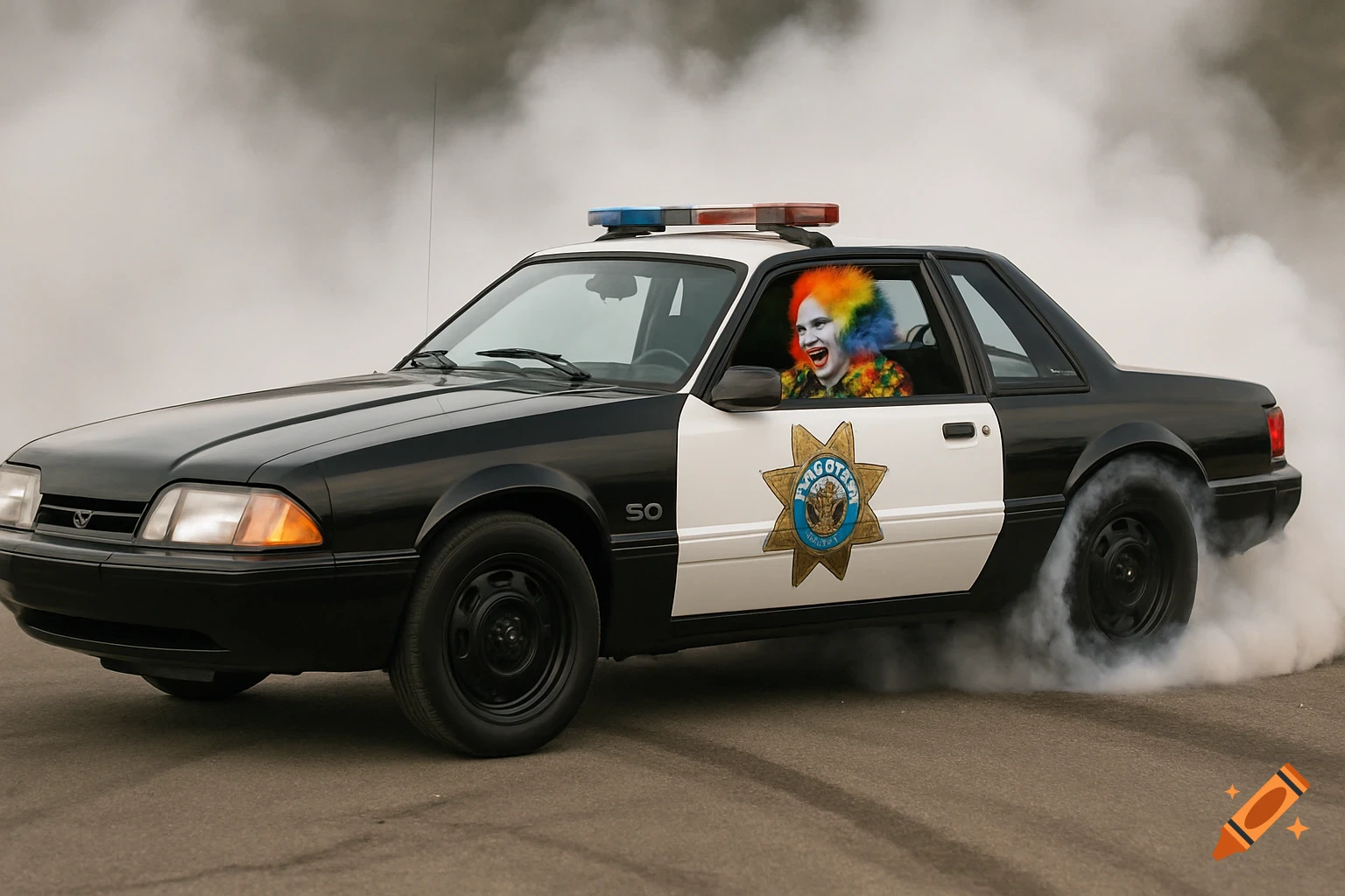Black 1990 Ford Mustang CHP burnout with clown driver on Craiyon