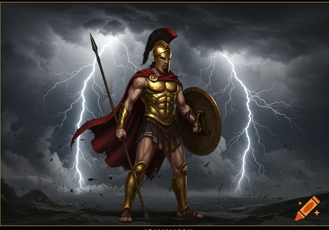 Spartan warrior raises a goblet in celebration at a party with a ...