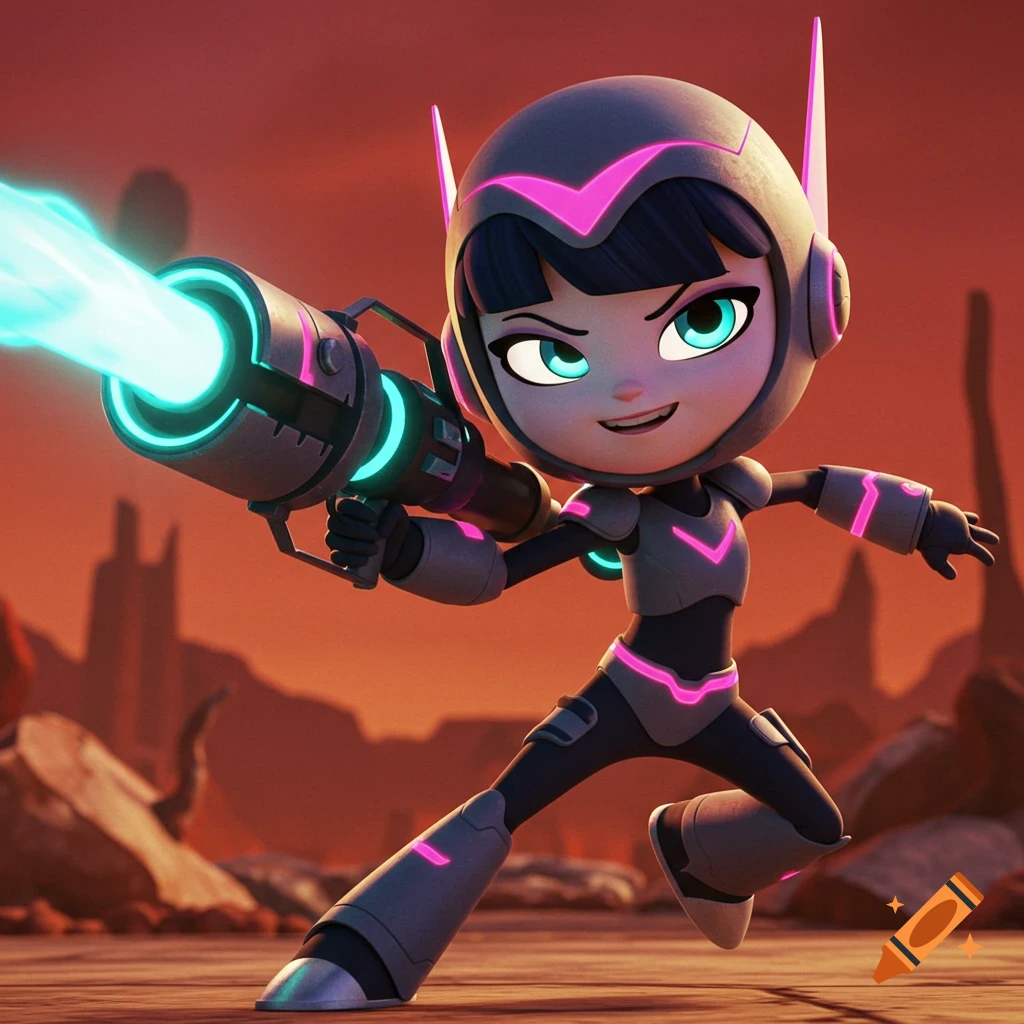 Cartoon girl in sci-fi armor holding a glowing plasma gun in a rocky ...