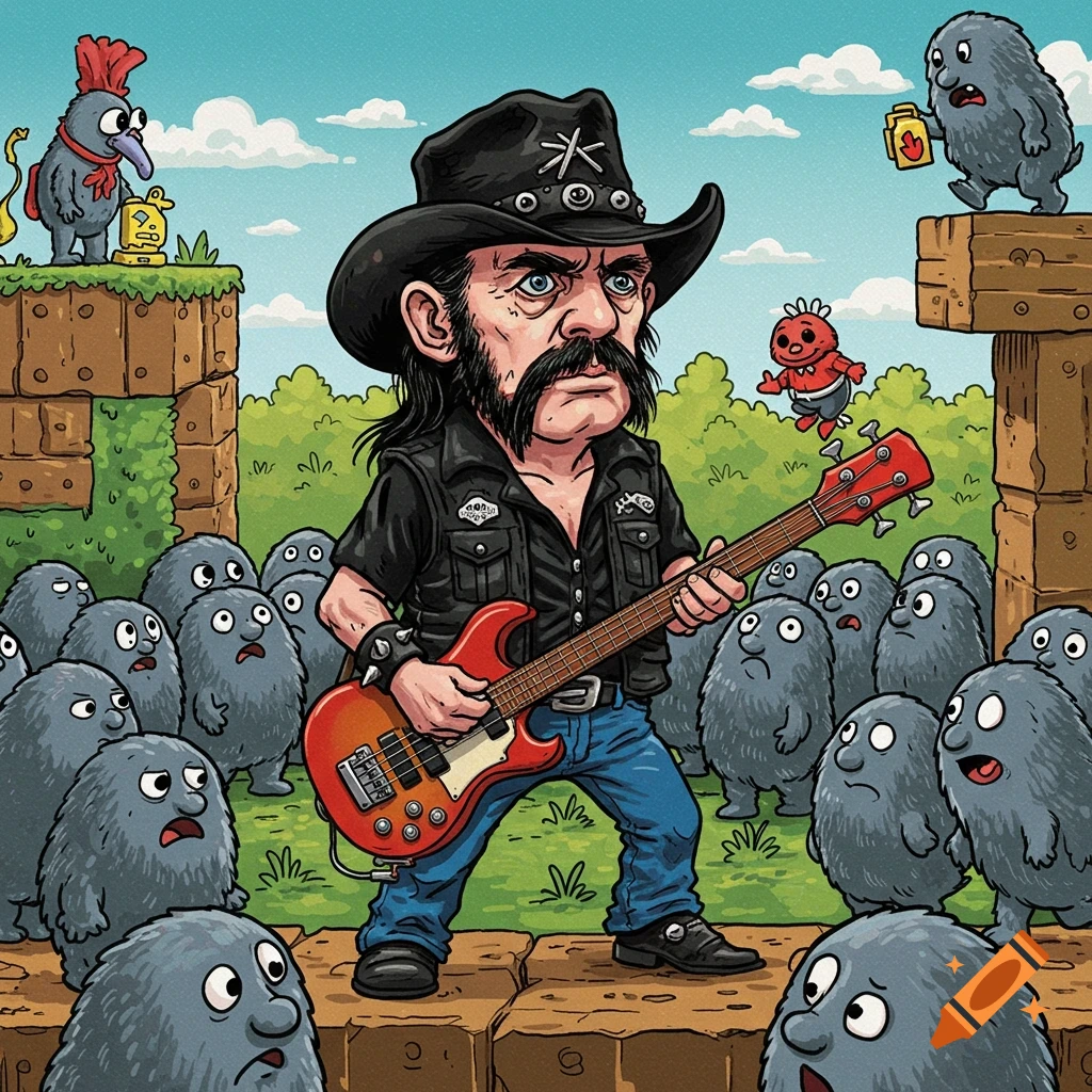 Caricature of iconic rock musician Lemmy Kilmister in a defiant pose on ...
