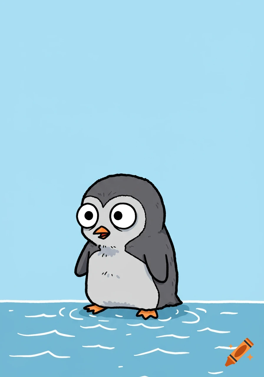 Cartoon penguin staring at water on Craiyon