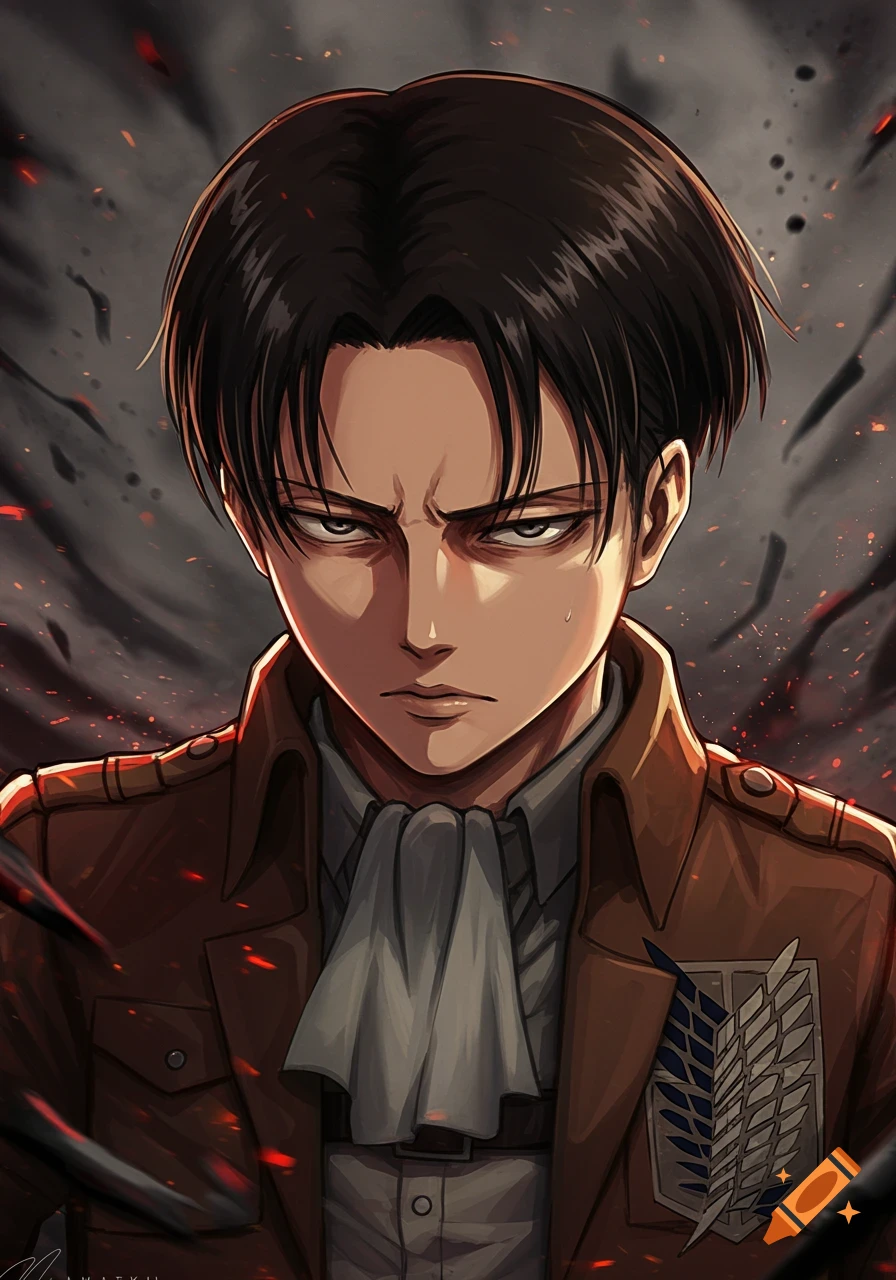 A detailed depiction of the anime character Levi Ackerman in his ...