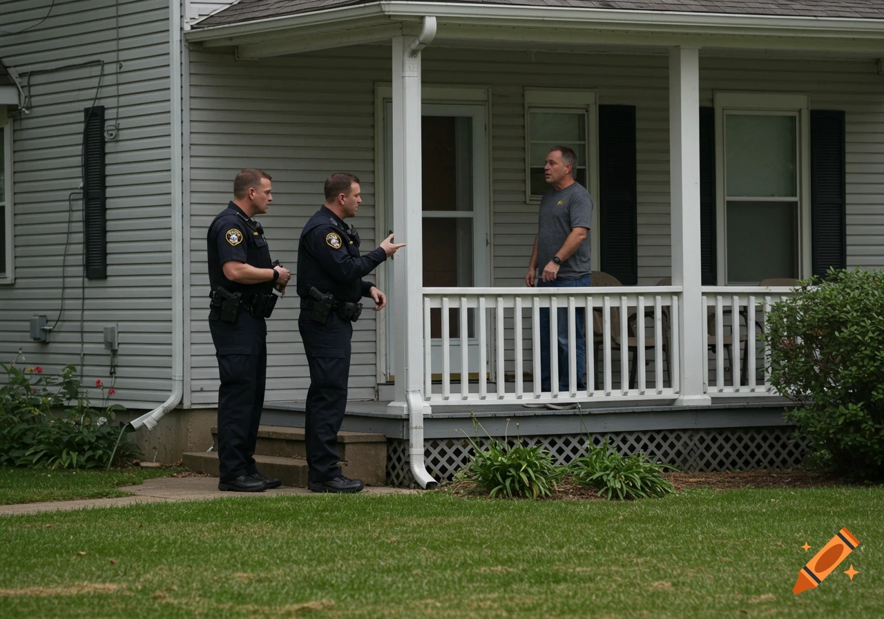 Two police officers talk to a man on a porch outside a house. on Craiyon