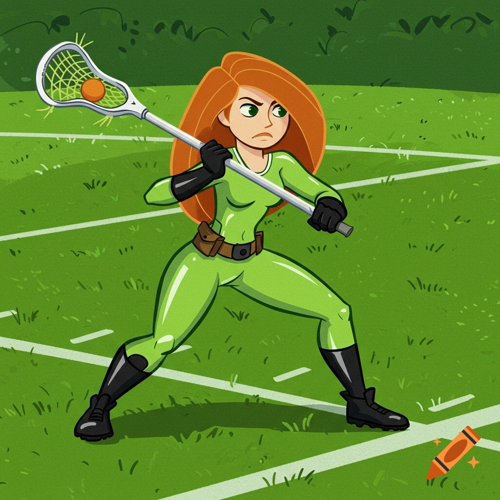 Kim Possible in lime green suit playing lacrosse on Craiyon