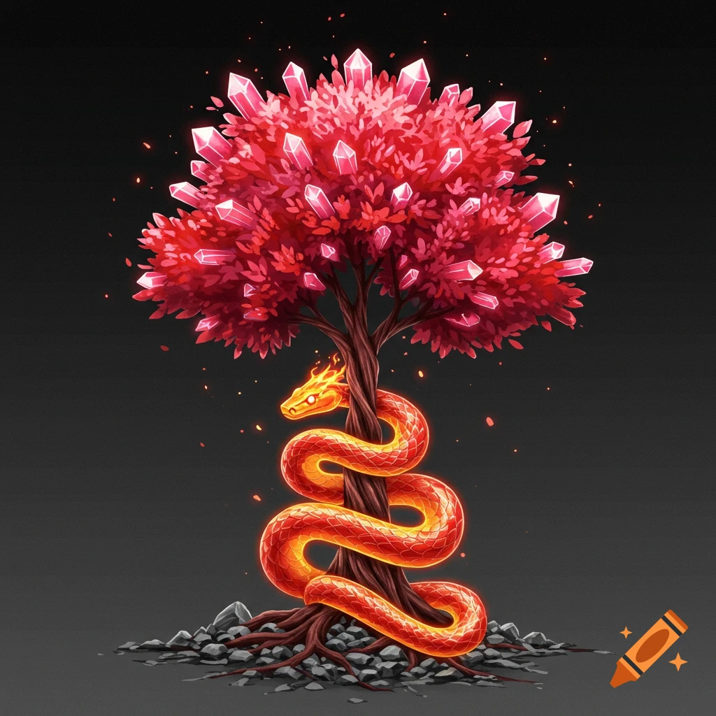 Magical ruby tree totem amulet with fire snake. on Craiyon