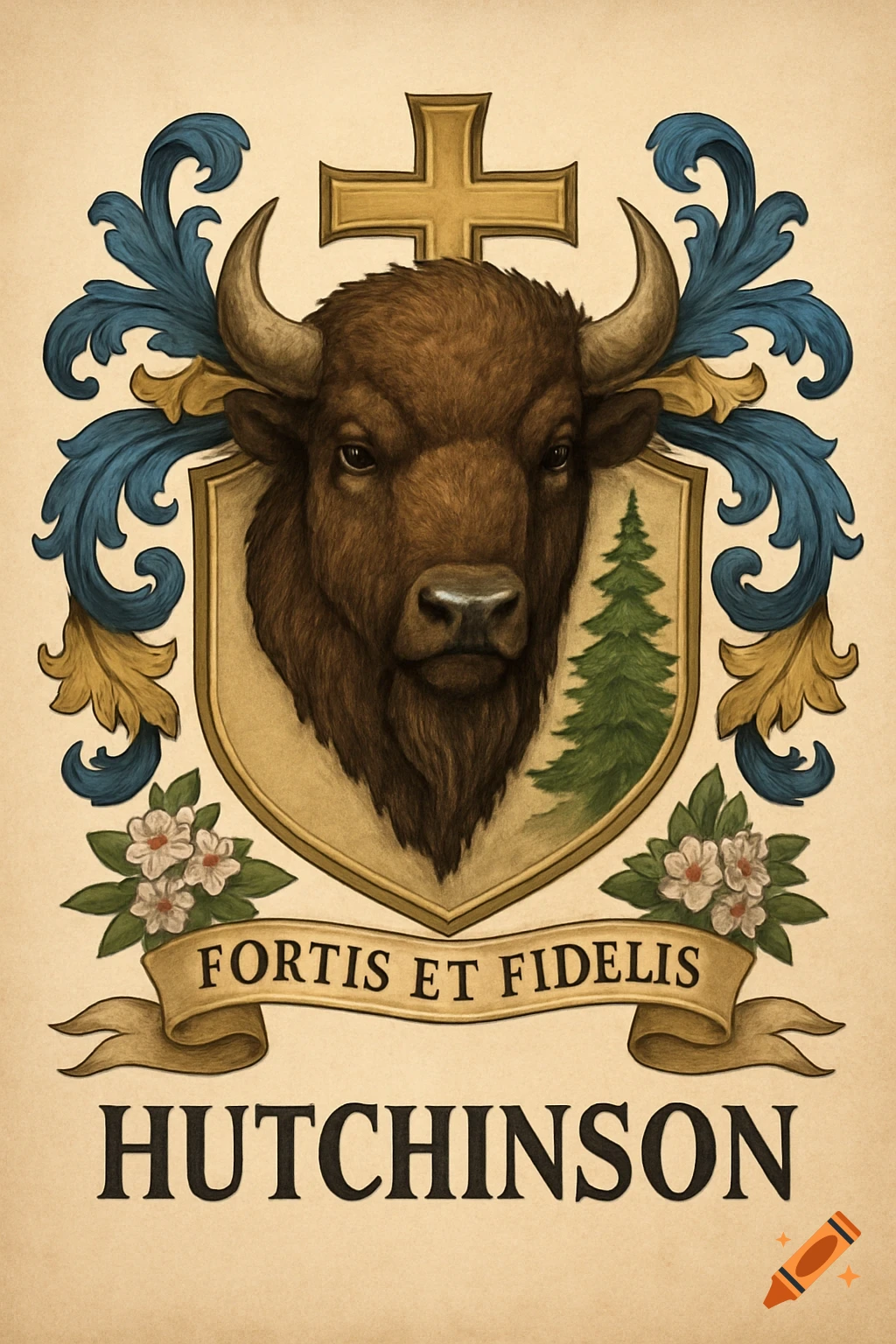 A family crest illustration on old paper, featuring two rampant gold ...