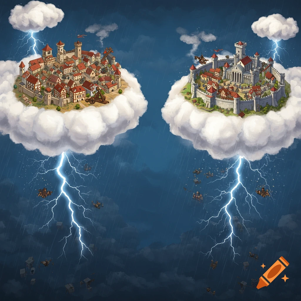Two cloud cities at war with lightning and rain below on Craiyon