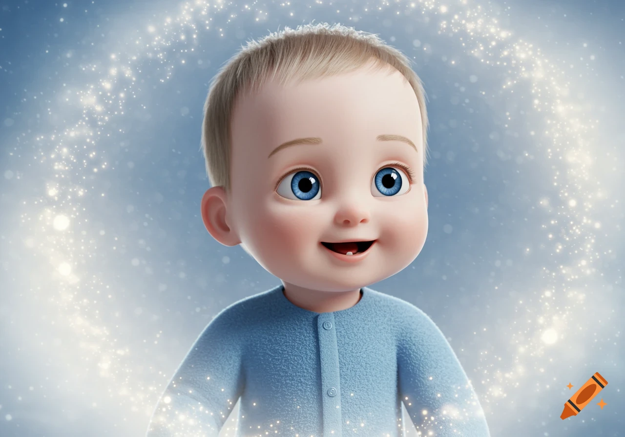 Cartoon Pixar style 3D render of a smiling baby boy with blue eyes ...