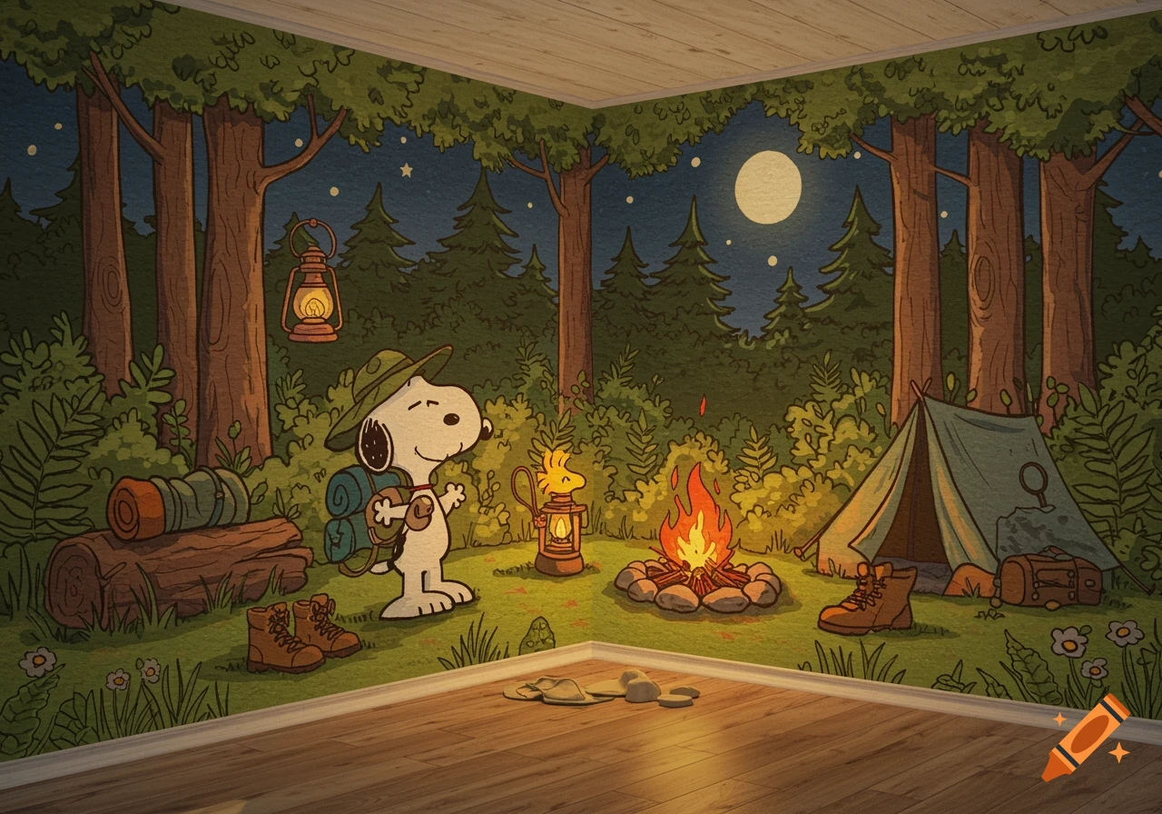 Hand-painted Snoopy and Woodstock camping corner wall mural with tent ...