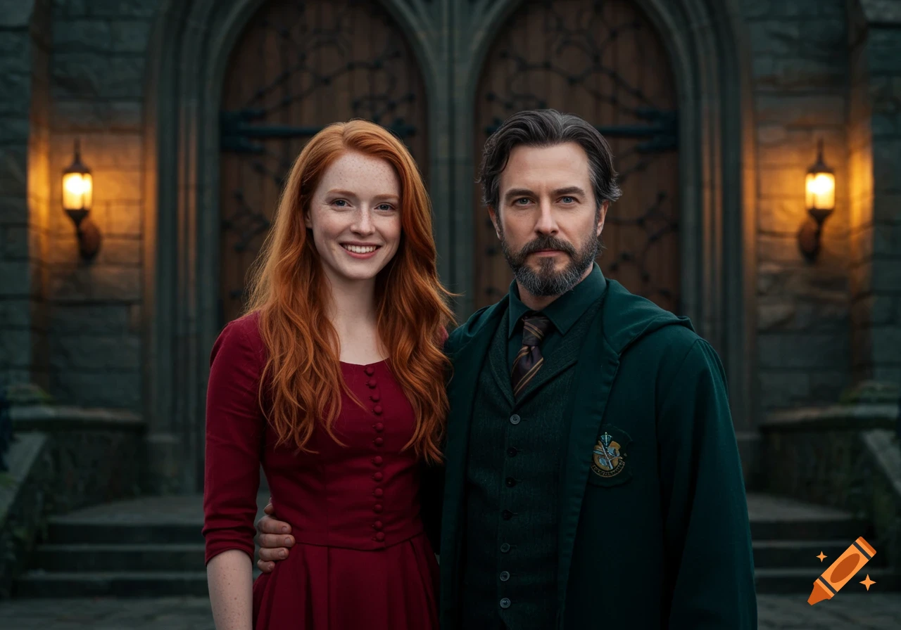 Fantasy painting of a young red-haired witch and mature wizard at a ...