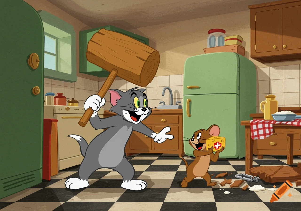 Remy from Ratatouille jumping over Sylvester the Cat in a kitchen on ...