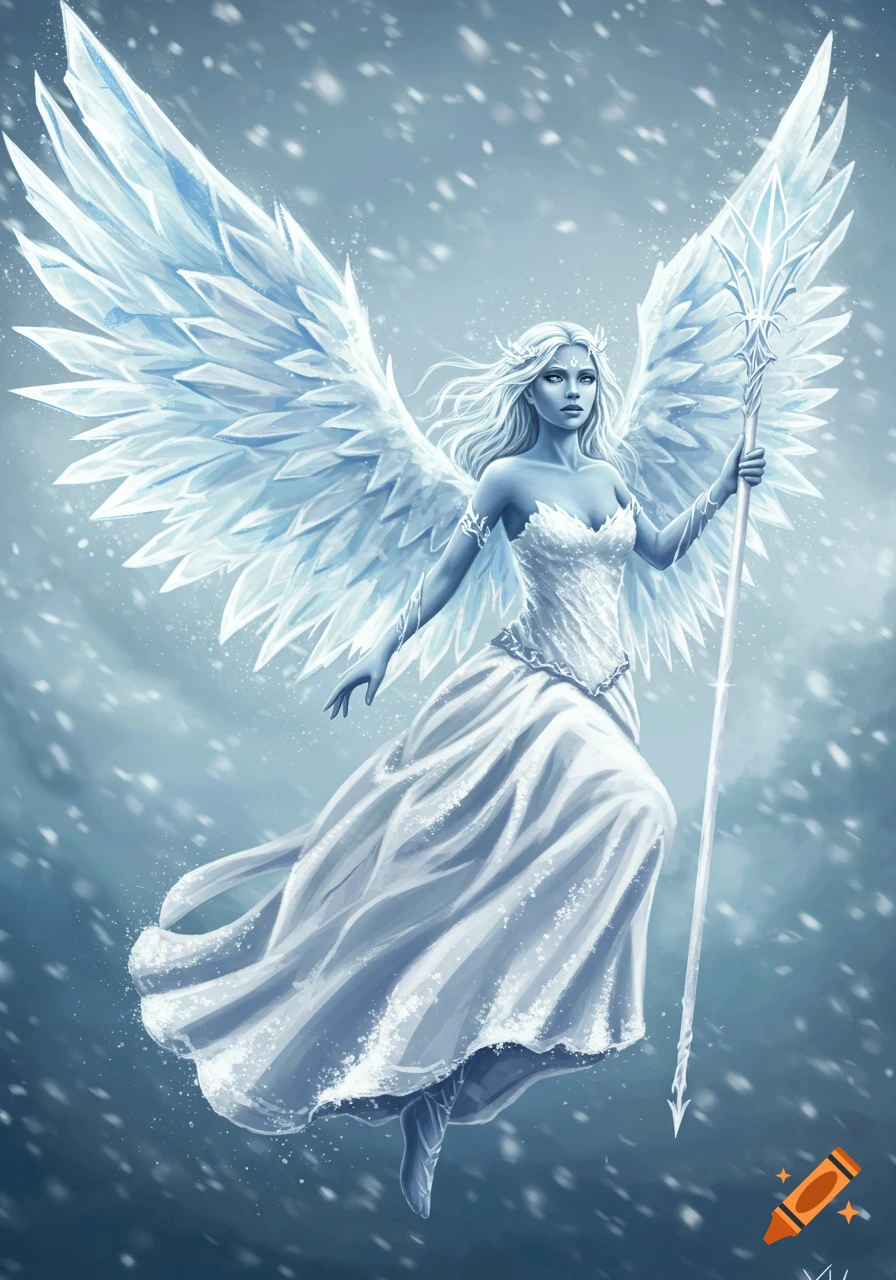 A flying ice angel holding a staff in a snowy landscape on Craiyon
