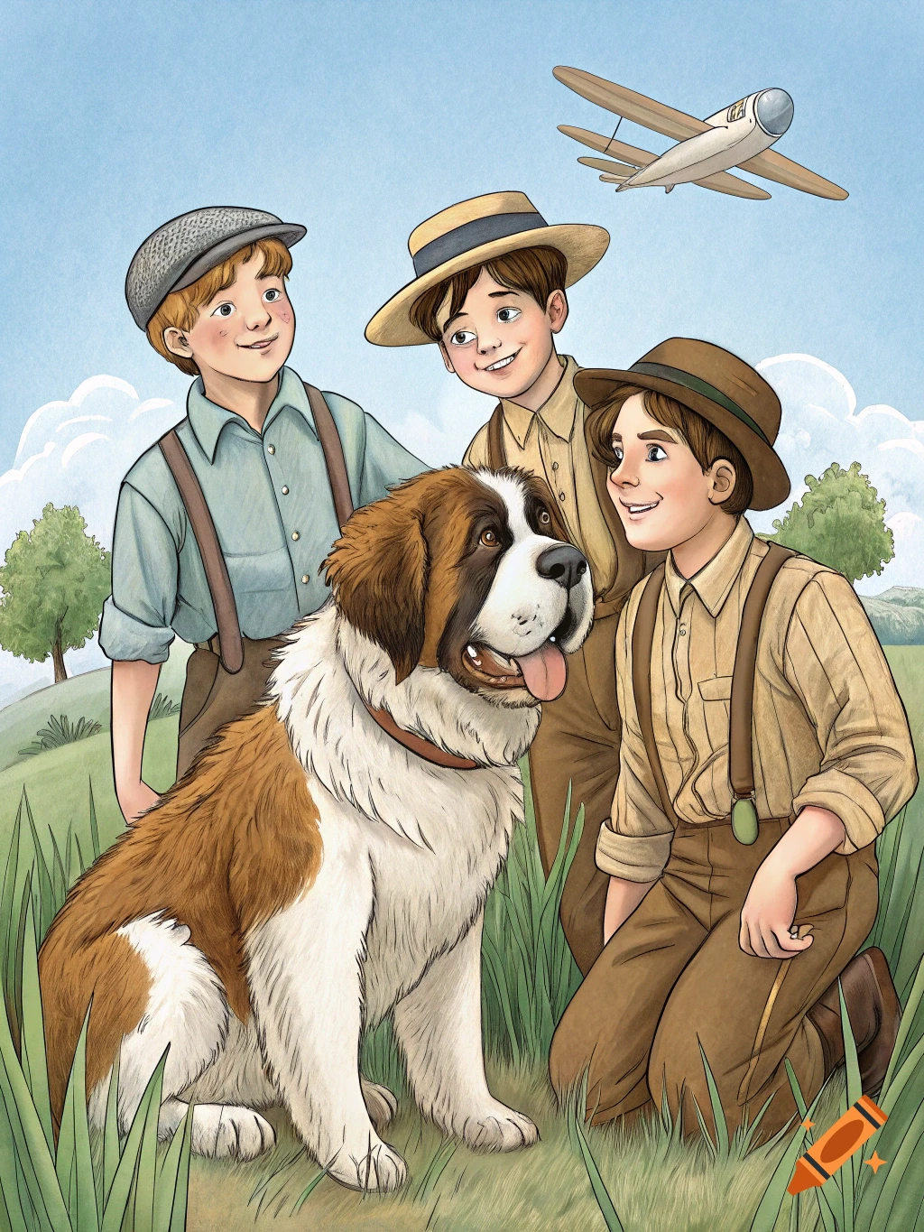 The Wright brothers as kids with their St. Bernard dog. on Craiyon