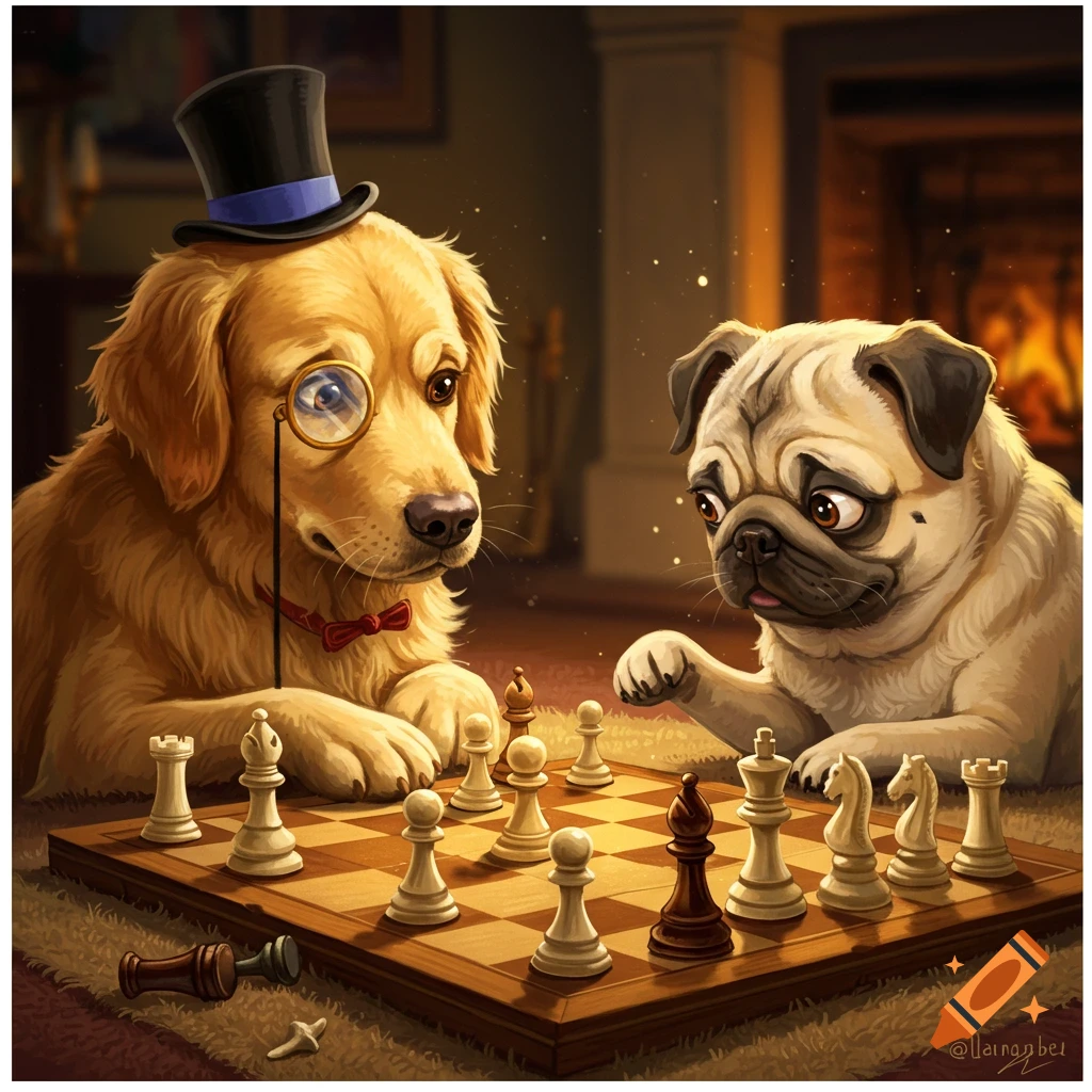 Dog playing chess with an alien in a whimsical setting on Craiyon