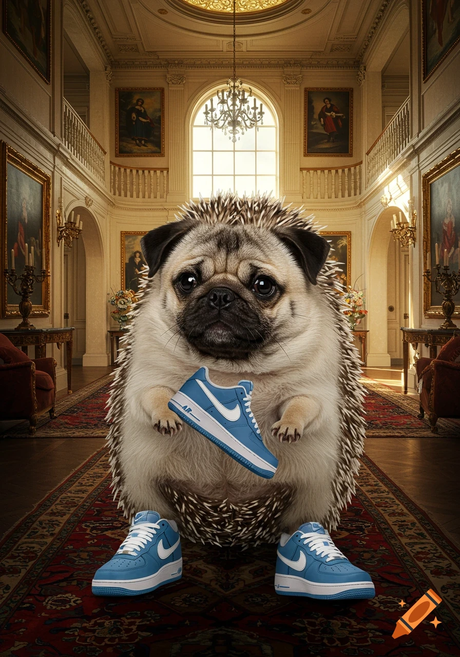 Hedgehog with Nike shoes and a pug body in a mansion on Craiyon