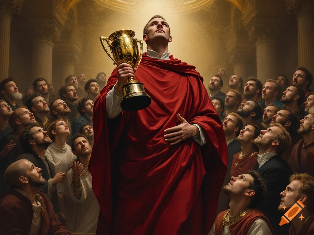 Satirical Renaissance-style painting of Arne Slot rising above Premier ...