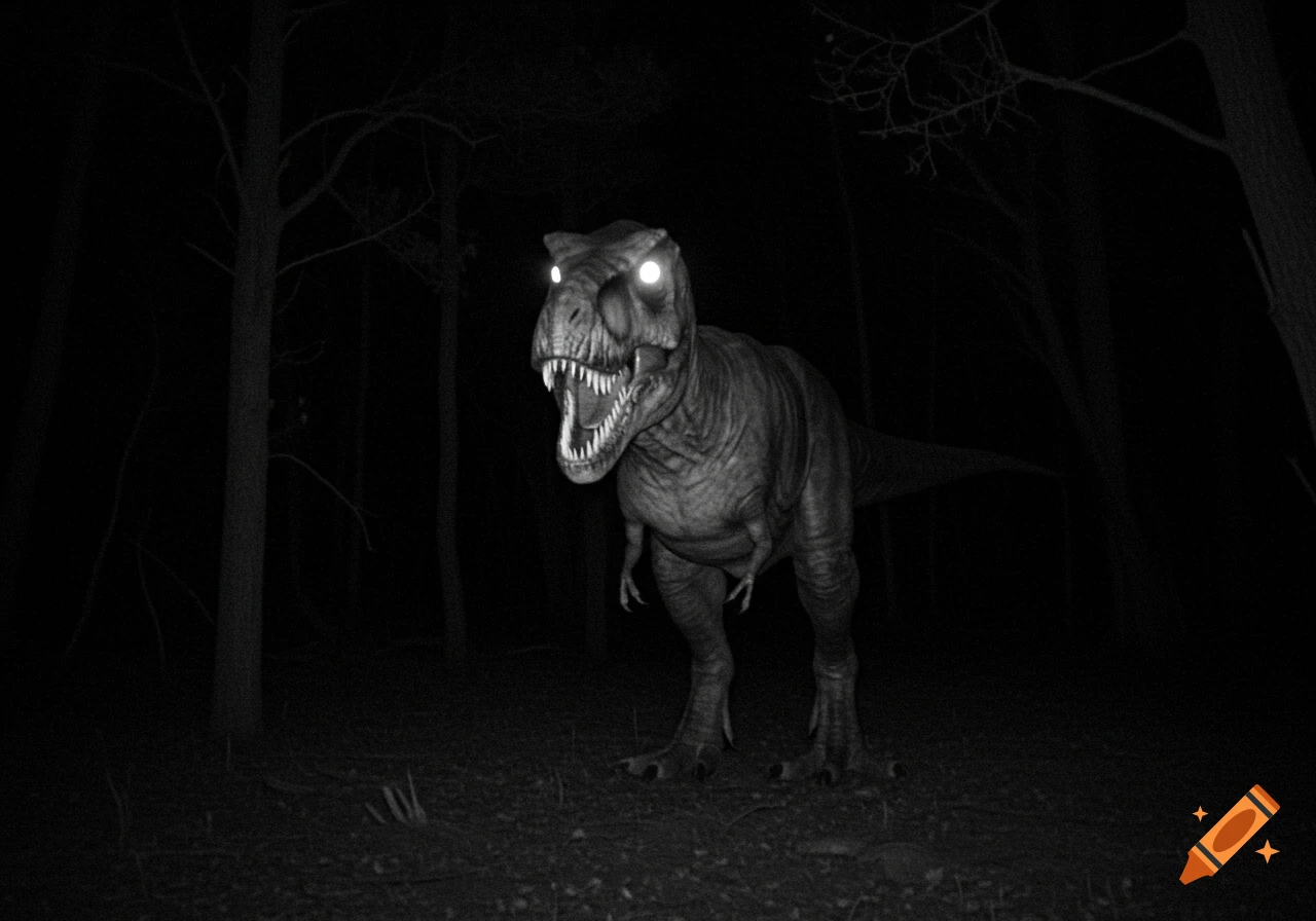 Creepy T-Rex with glowing eyes, trail camera night shot on Craiyon