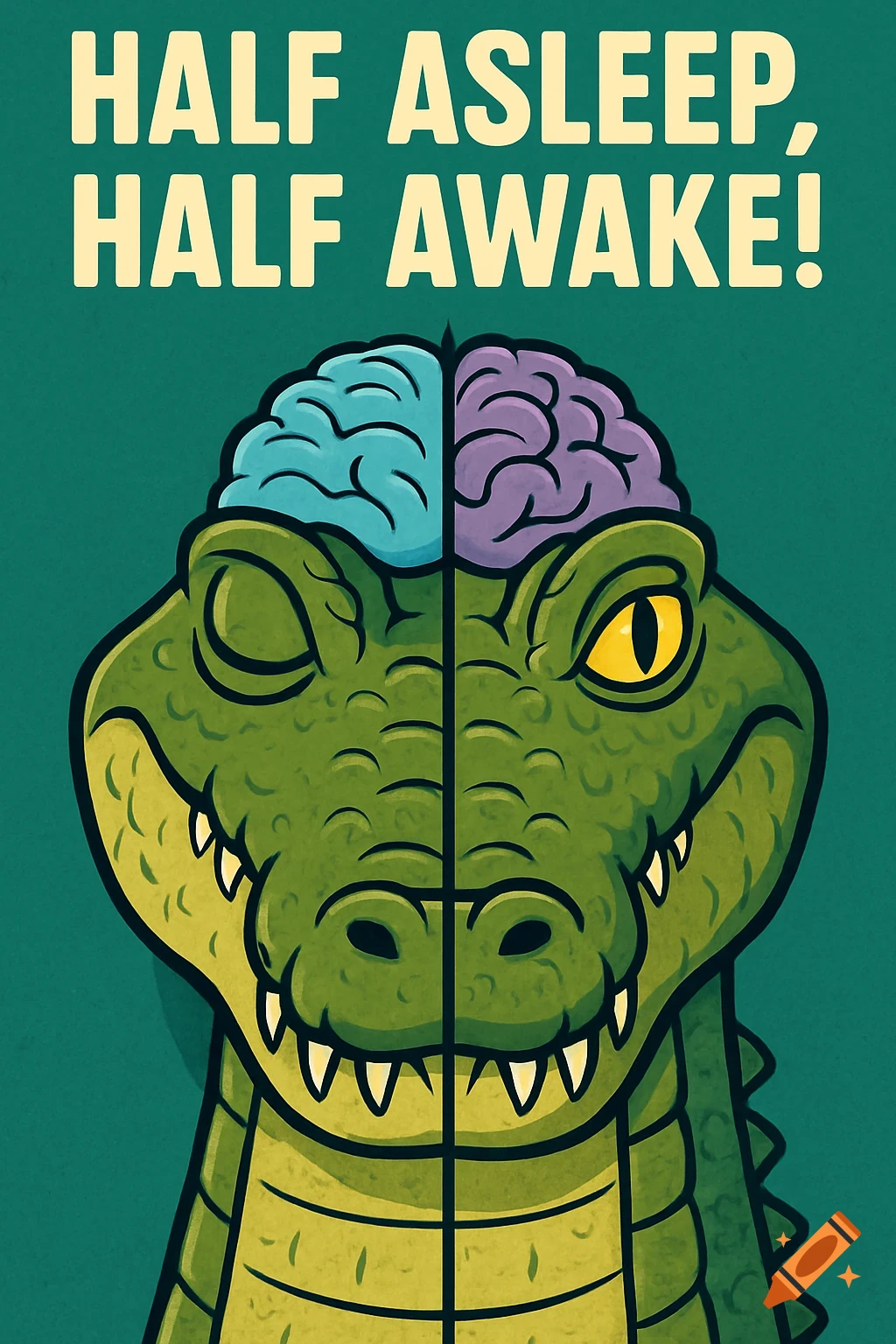Split-brain crocodile illustration with text overlay on Craiyon
