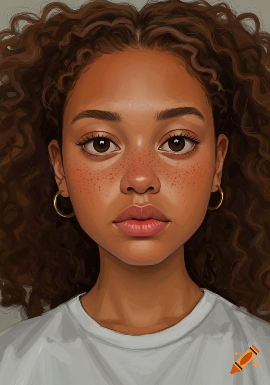20 year old girl with brown curly hair, freckles on Craiyon