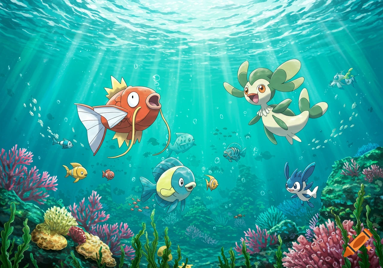 Several Pokemon, including Magikarp, swimming underwater among coral ...