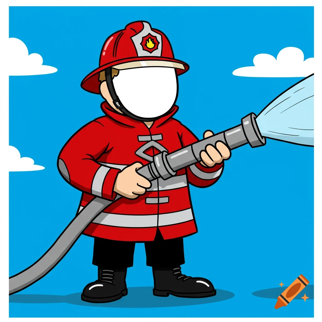 Cartoon image of a UK firefighter with a blank face on Craiyon