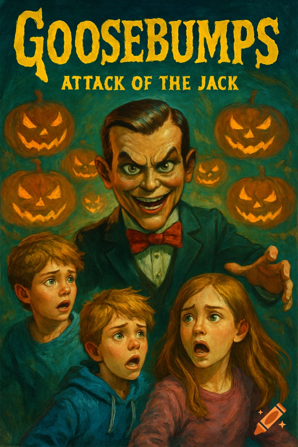 Vintage movie poster of a giant purple octopus attacking a ferris wheel as two people run away ...