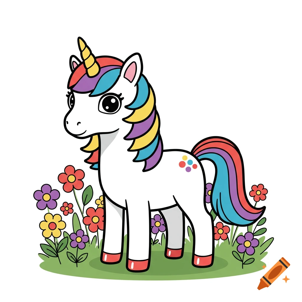 A cartoon unicorn with rainbow mane and tail stands among colorful flowers in a field. on Craiyon