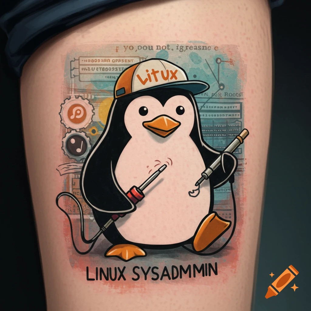 Cartoon penguin wearing a cap, holding tools, styled as a tattoo on ...