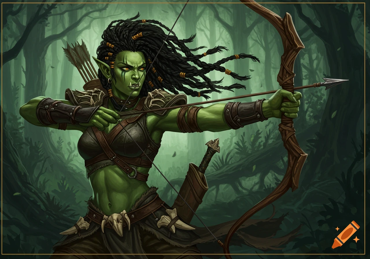 A half-orc female archer aiming a bow in a forest on Craiyon