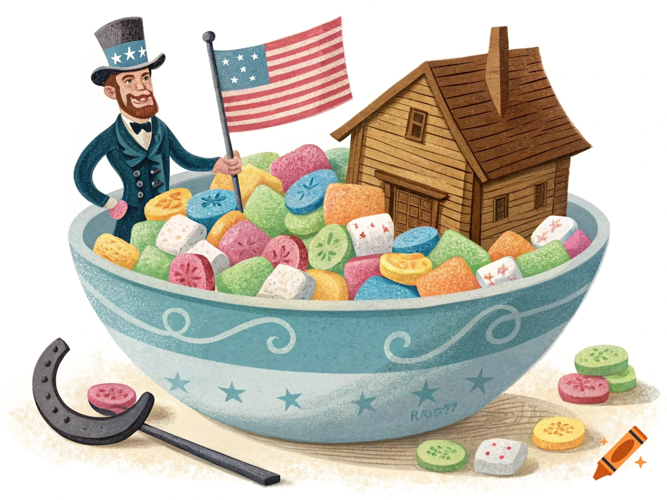 Illustration of Abraham Lincoln in a top hat holding an American flag ...