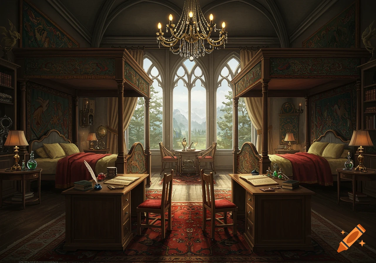 A fantasy magic school dorm room with two four-poster beds, desks with ...