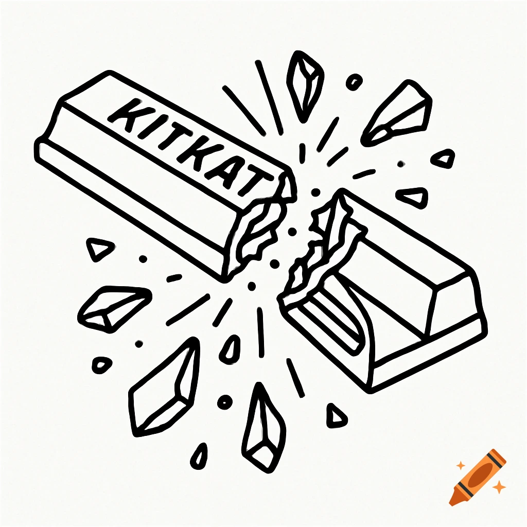 Line art illustration of a KitKat bar snapped in half with debris. on ...