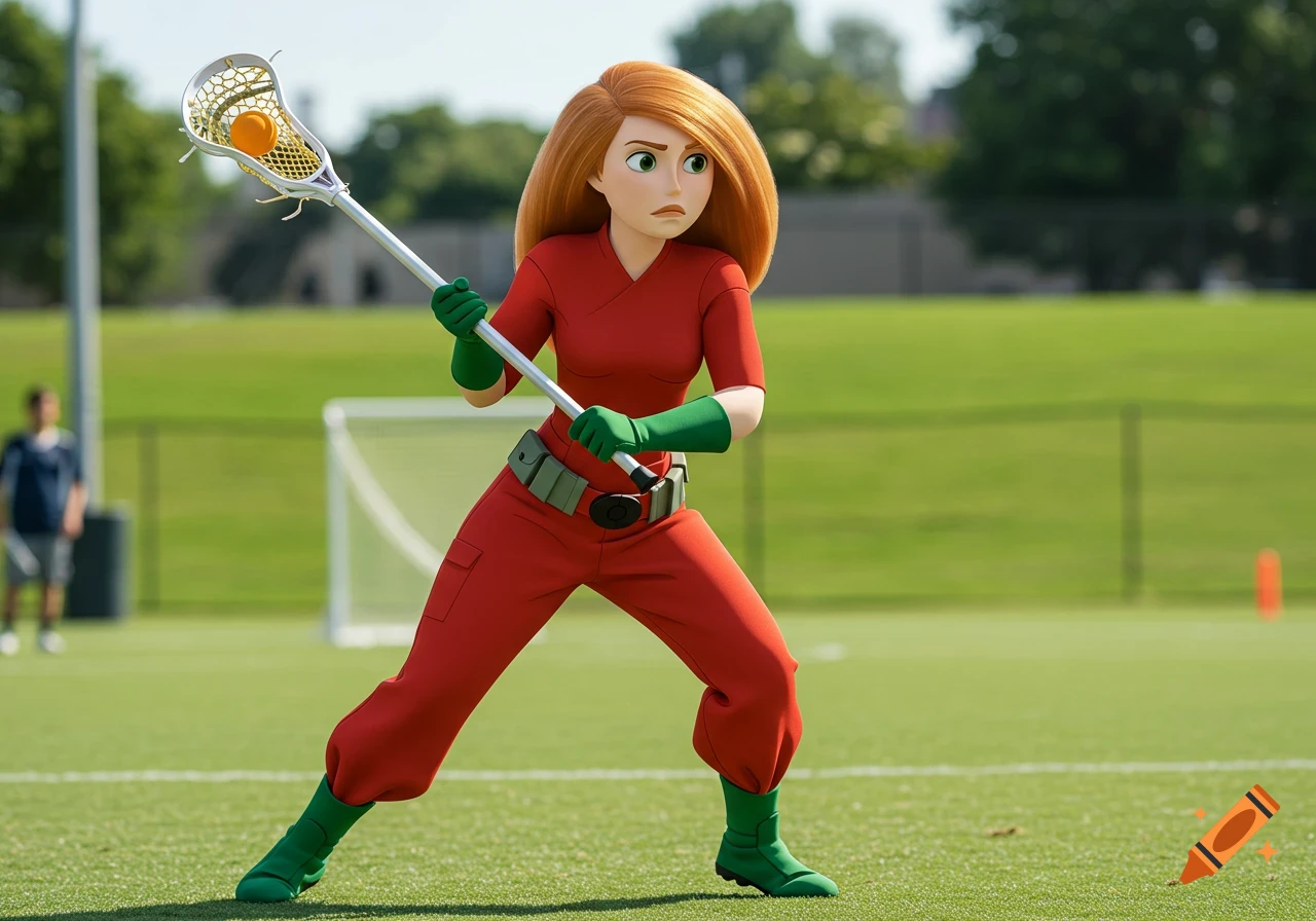 Kim Possible playing lacrosse in red suit on Craiyon