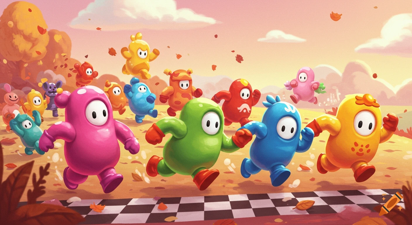 Colorful Fall Guys characters race towards a finish line in a stylized ...