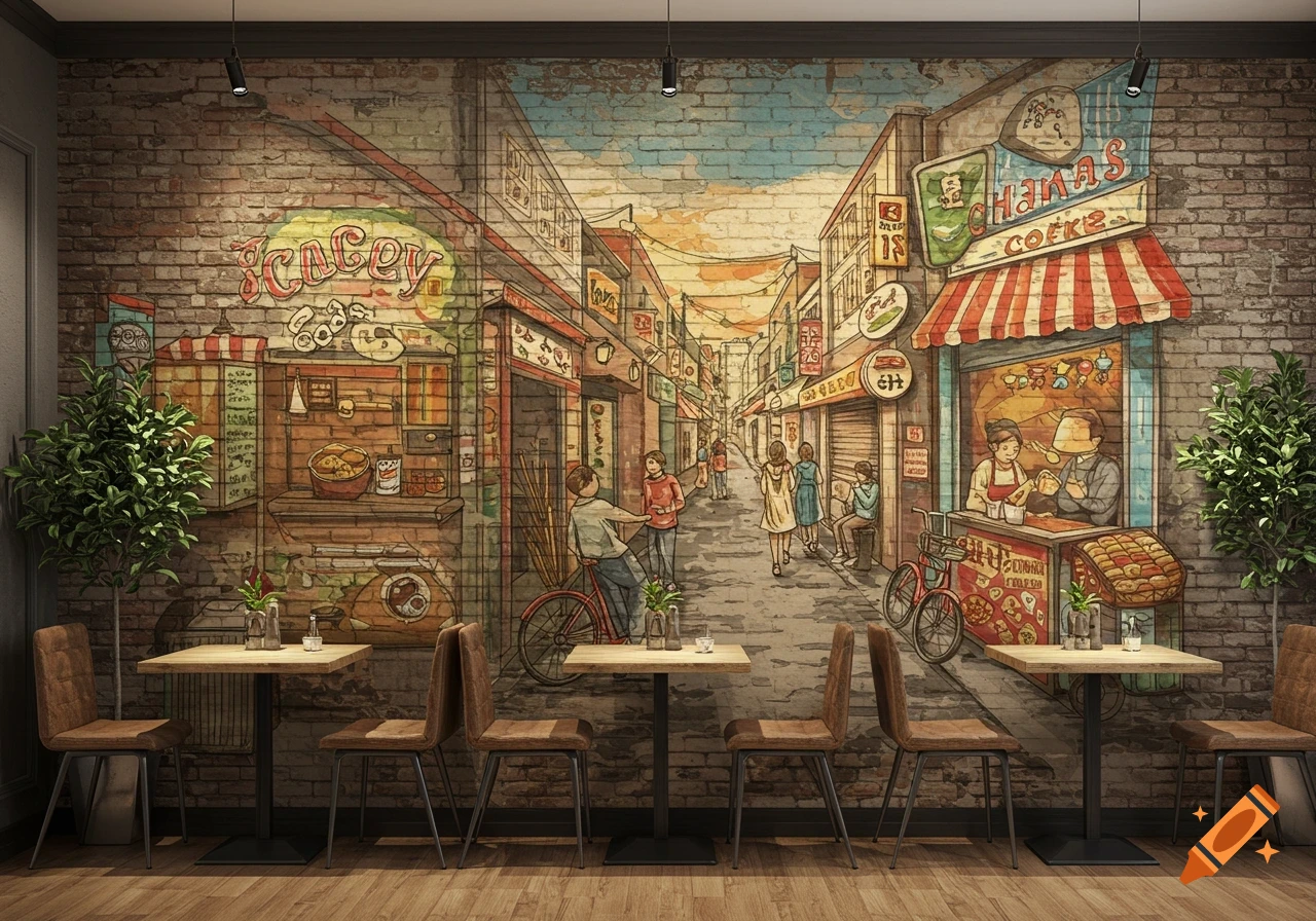 Cafe patio with brick wall mural depicting a city scene, tables, chairs, and lamps at sunset. on ...