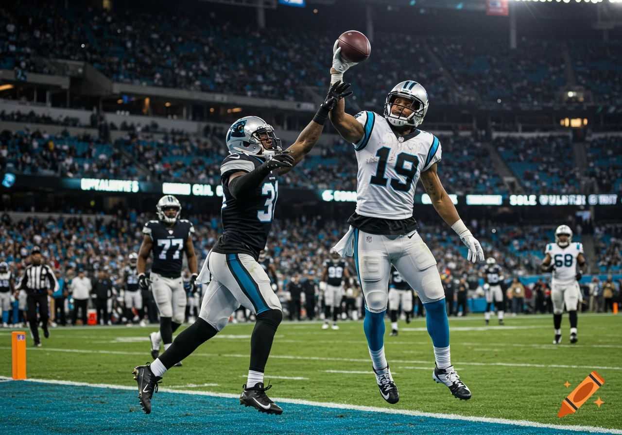 Carolina Panthers wide receiver catching football mid-air on Craiyon