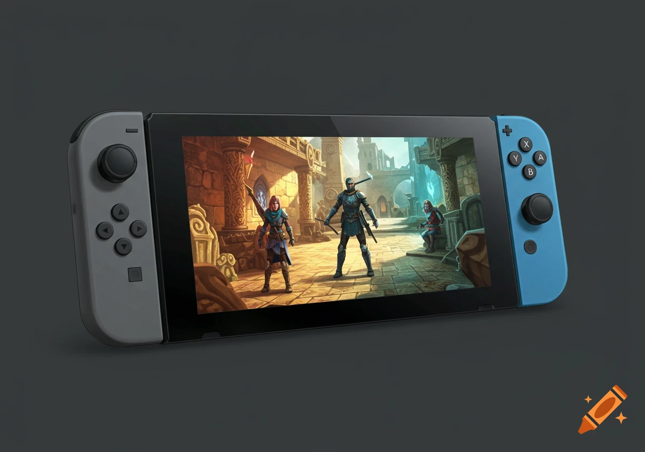 Hand holds a Nintendo Switch console in a futuristic tech setting with ...