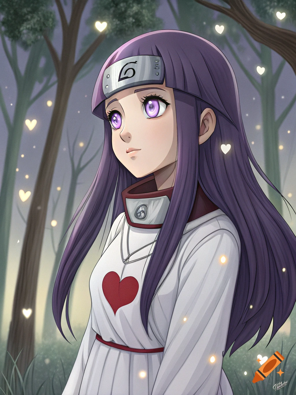 Anime girl with purple hair and forehead protector in a forest, style ...