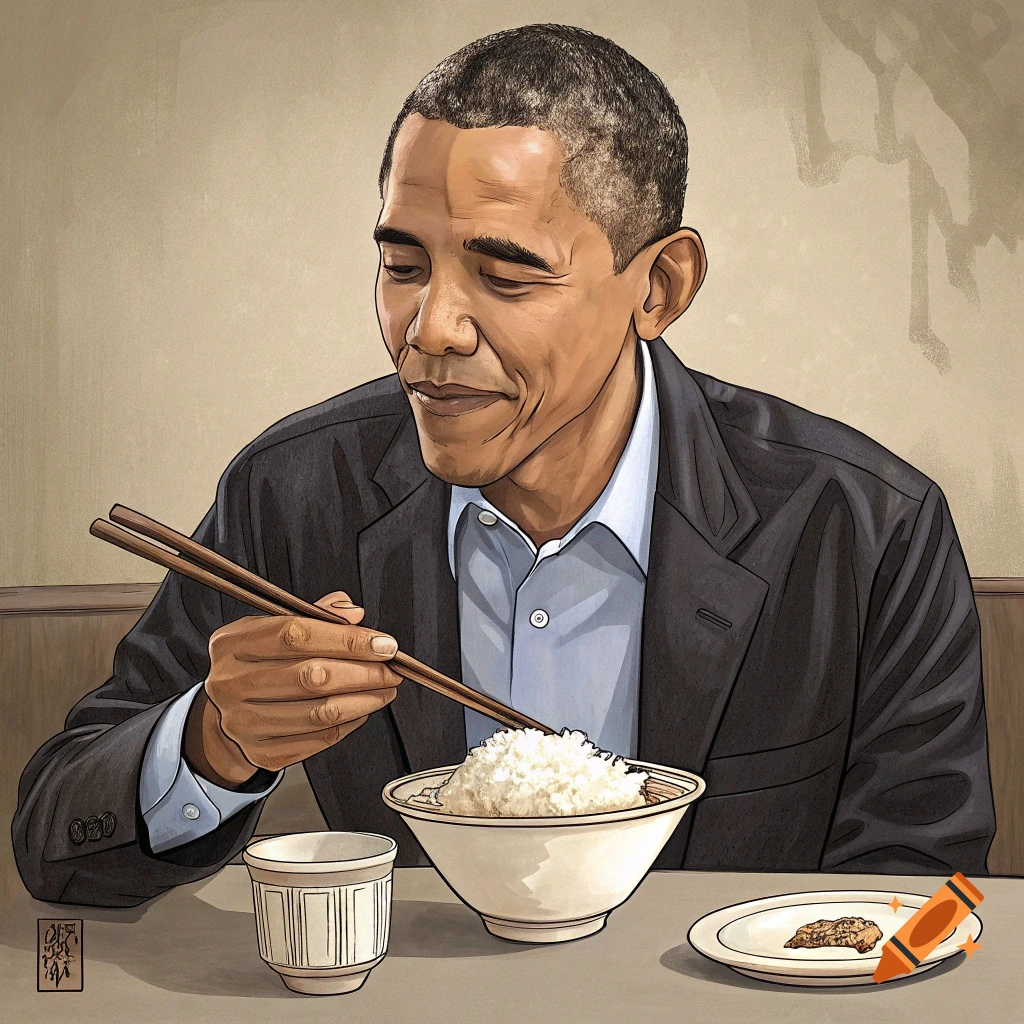 Stylized illustration of Barack Obama eating rice with chopsticks. on ...