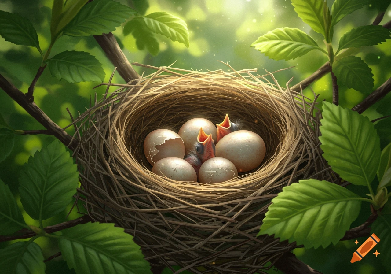 Robin eggs hatching in nest on Craiyon