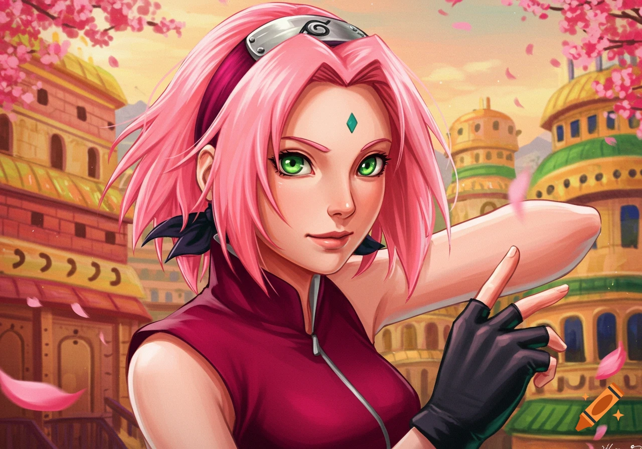 Portrait of Sakura Haruno smiling under cherry blossoms on Craiyon