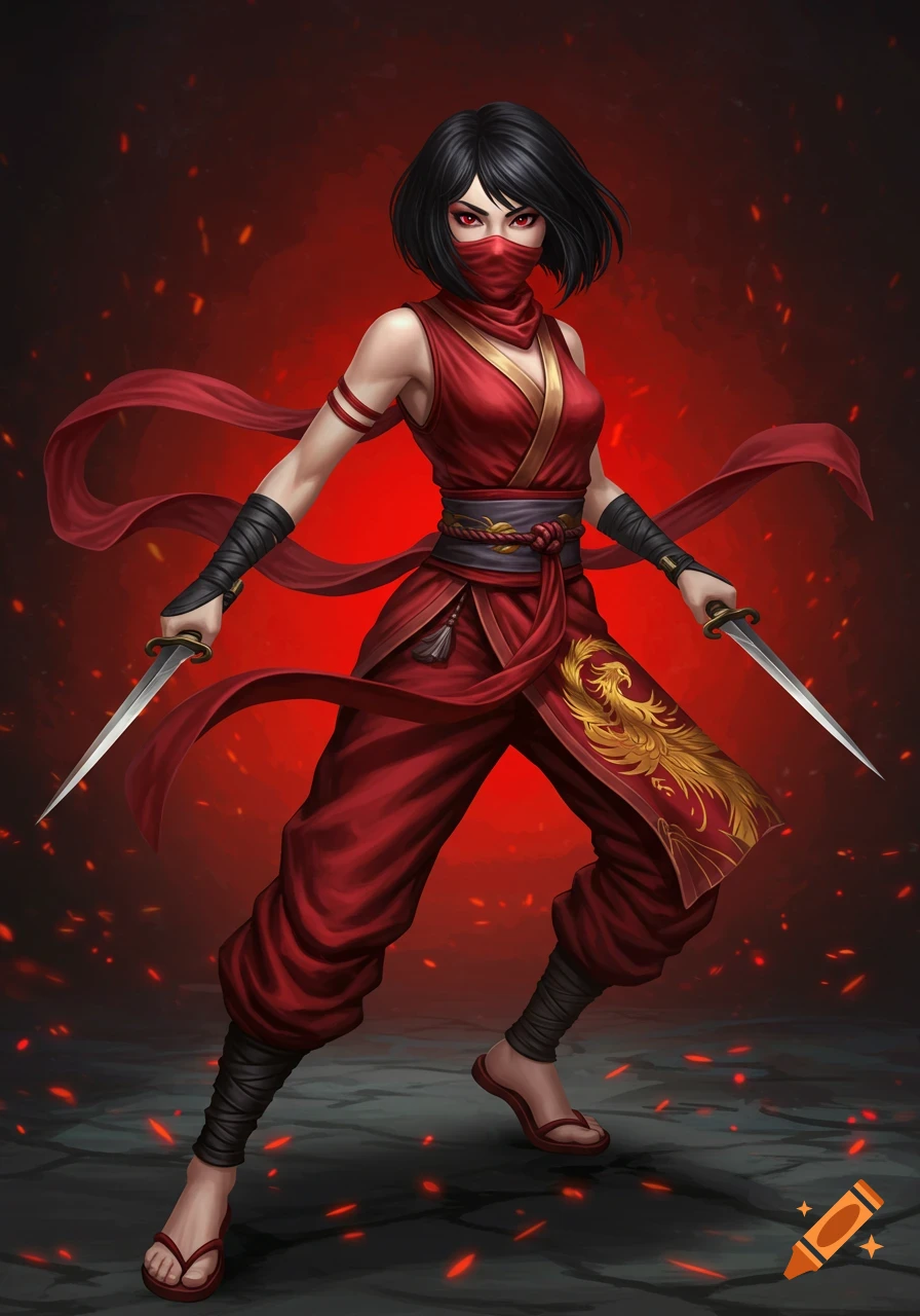 A female ninja in a red outfit is holding two daggers against a red ...