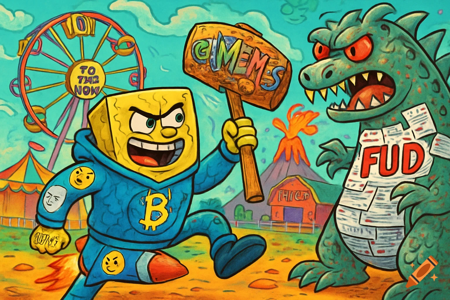 Cartoon hero with Bitcoin logo hoodie and rocket boots attacks a ...