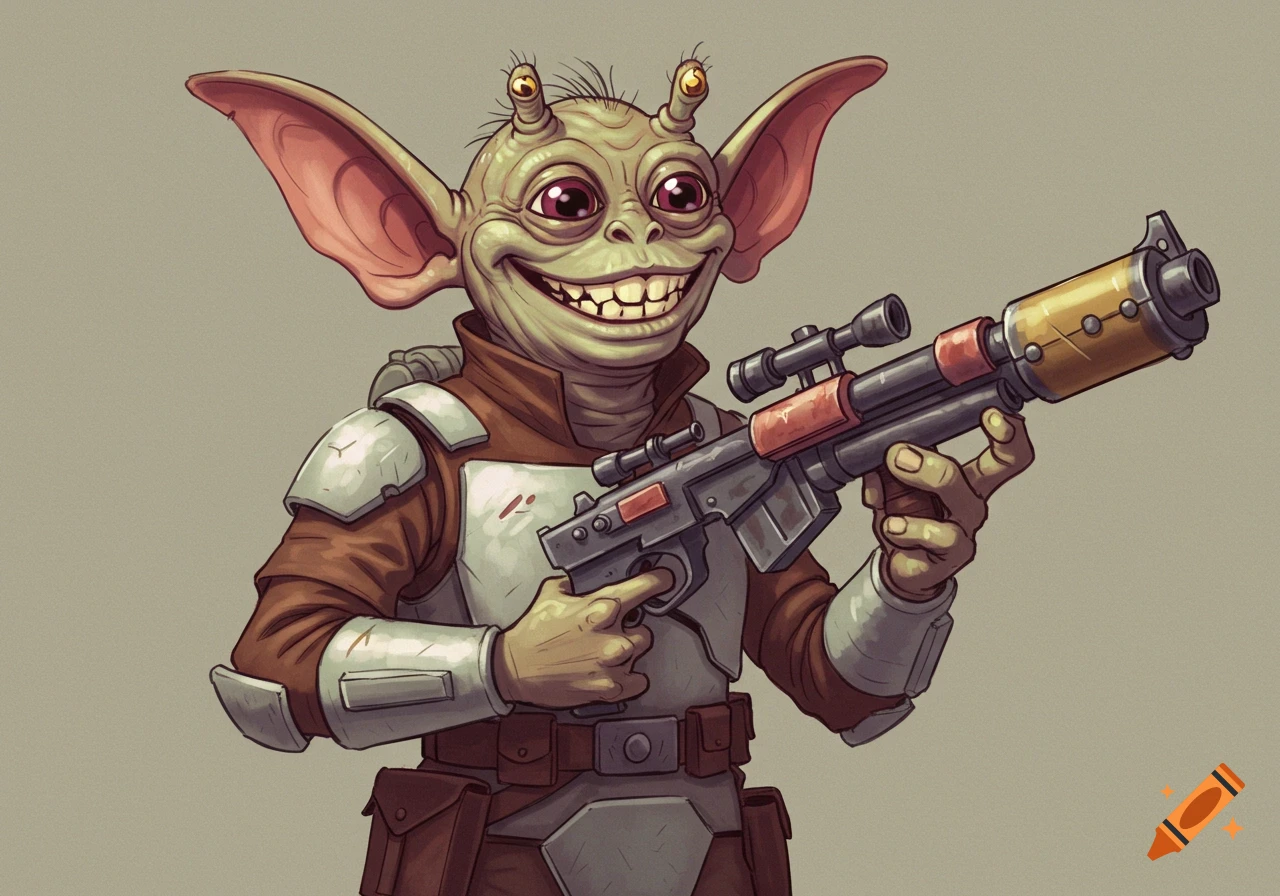 A cartoonish alien creature with big ears and a wide grin, wearing ...