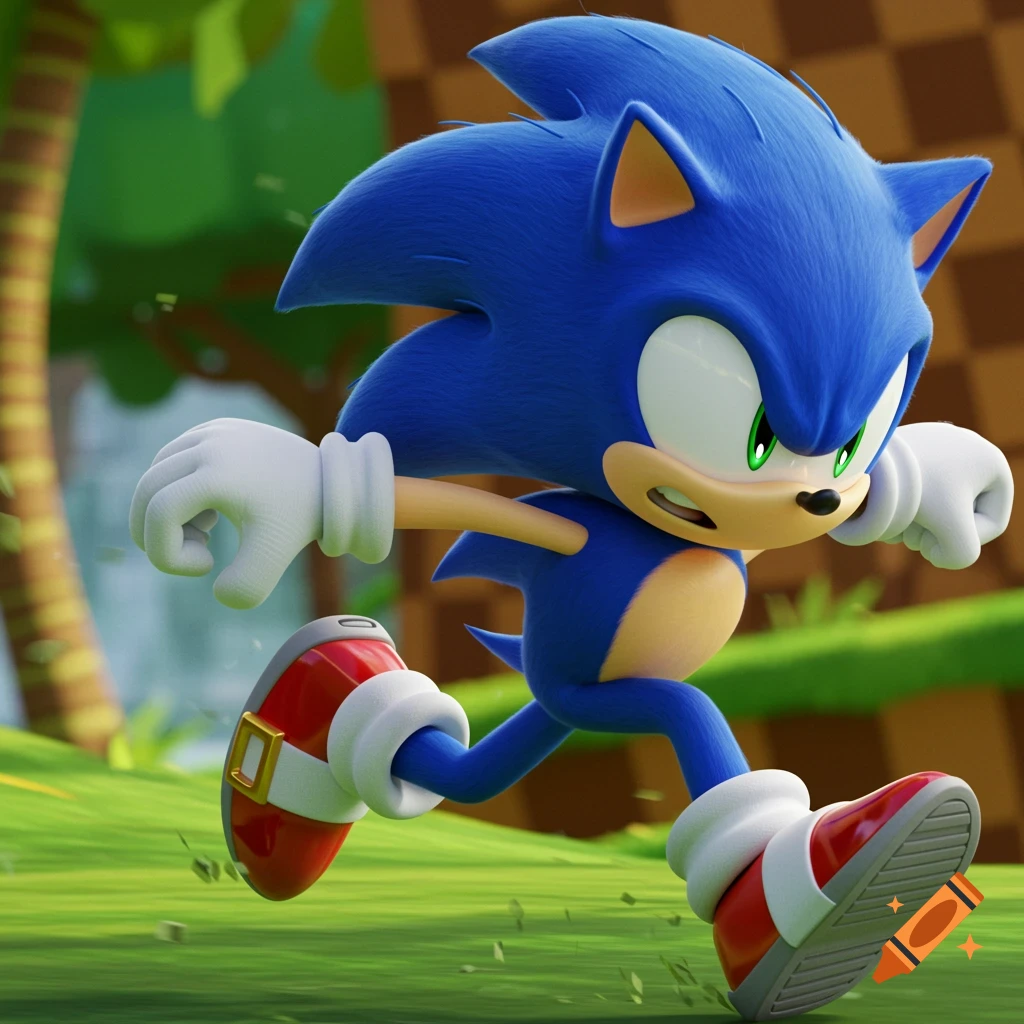 Sonic the Hedgehog running on a track with golden rings in a lush ...