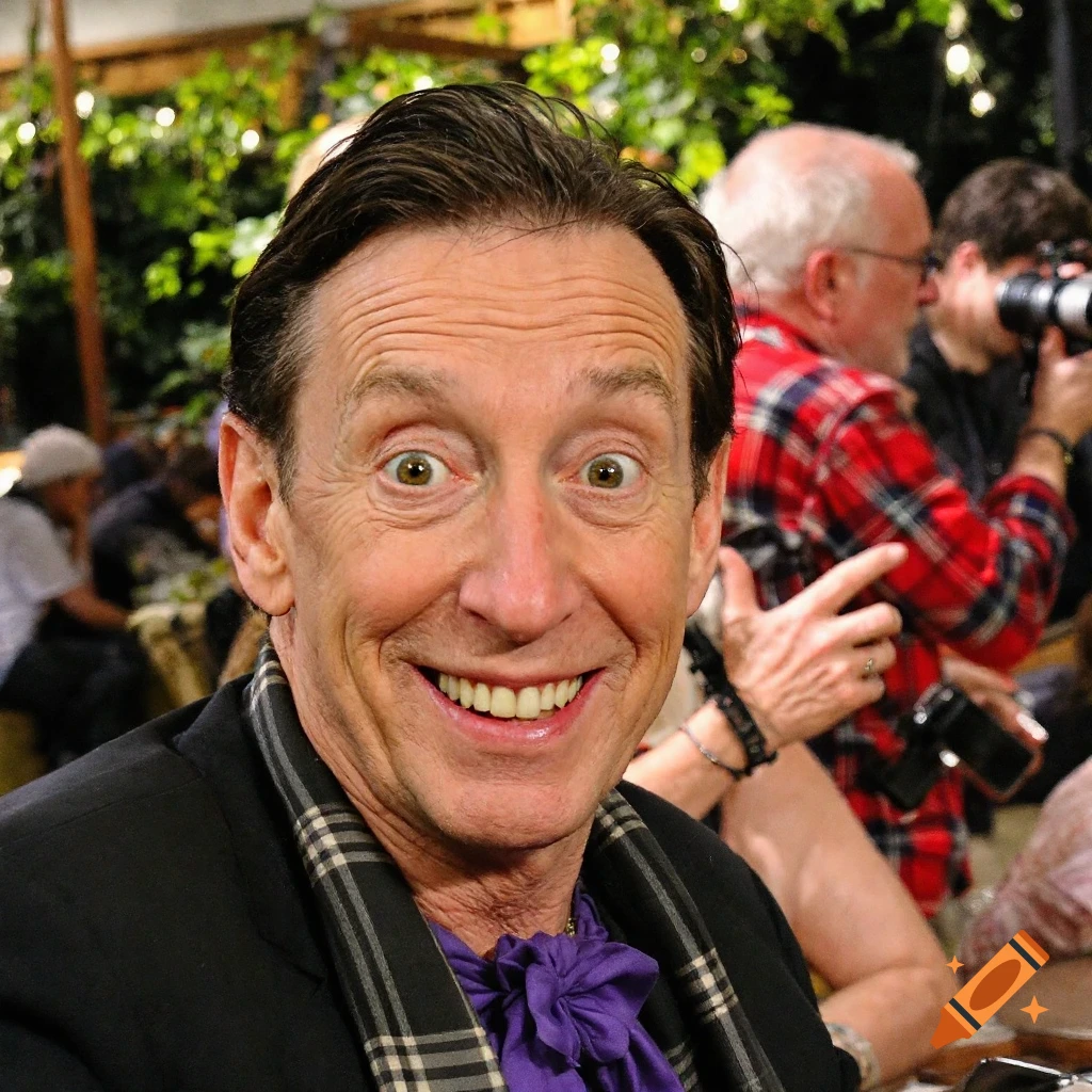 Man with wide smile and wide eyes wearing a jacket and purple ruffles ...