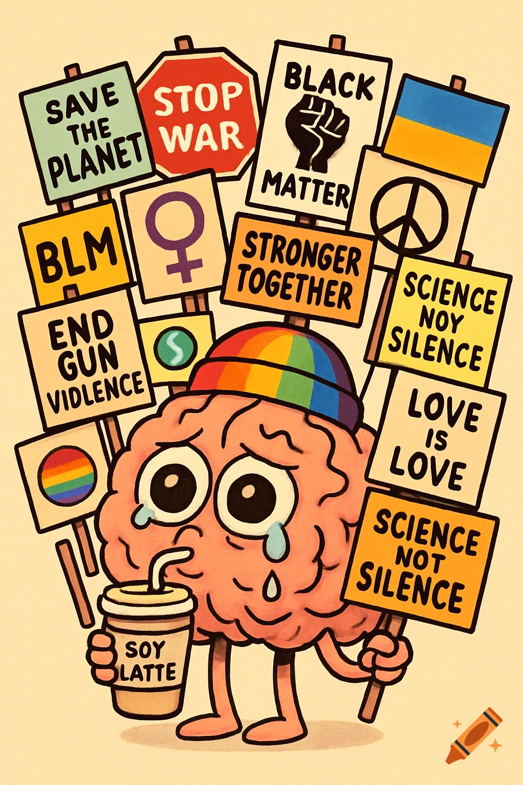A crying cartoon brain in a rainbow hat holds protest signs and sips a ...