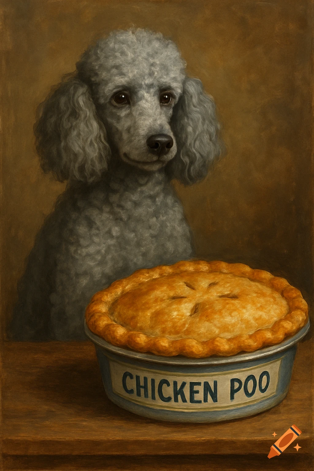 Silver poodle next to a pie labeled "Chicken Poo" on Craiyon