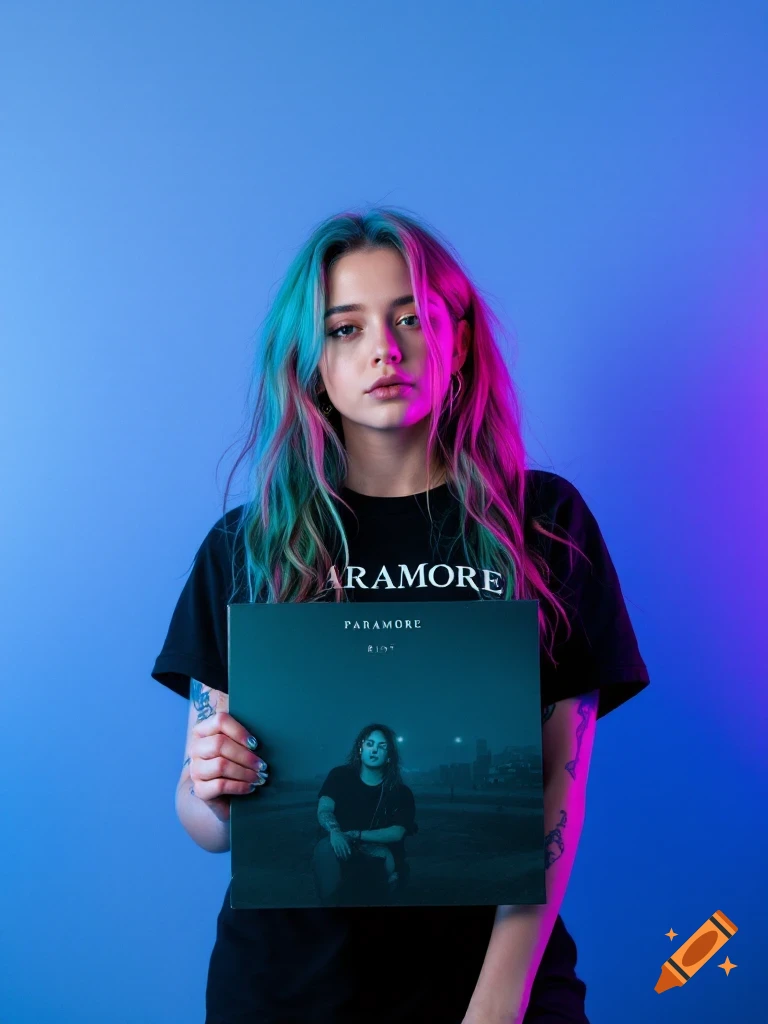 Woman with Billie Eilish hair, Paramore t-shirt, holding Riot album on ...